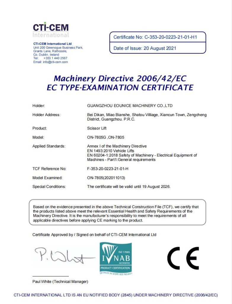 CE CERTIFICATE - Guangzhou Eounice Machinery Co., Ltd.